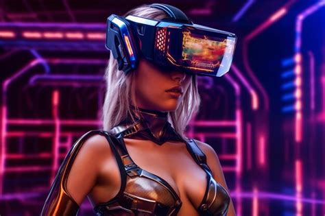 Premium Ai Image Heavily Stylized Portrait Of A Woman Immersed In A Vr Headset Simulation