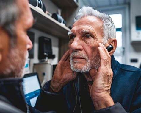 Senior Man Testing Hearing Aids In Clinic For Deaf Patients Healthcare