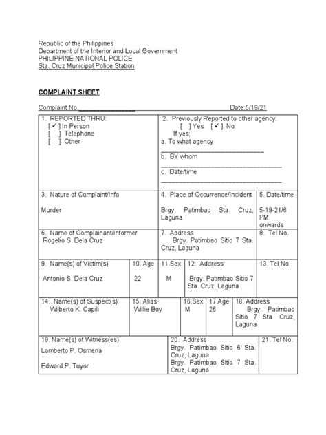 Sample Format Of Complaint Sheet Other Crimes Pdf Murder Misconduct