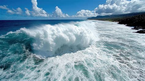 Stunning View Of Powerful Ocean Wave Crashing Onto Shore Under Bright