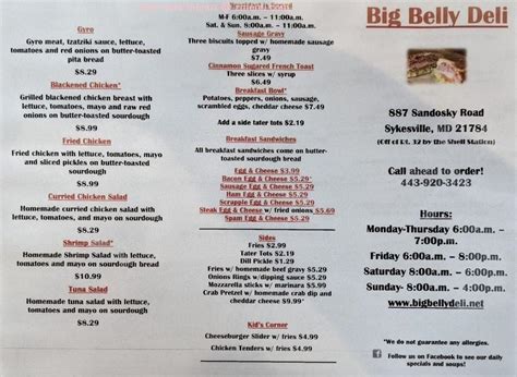 Menu At Big Belly Deli Restaurant Sykesville