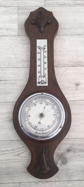 Vintage Oak Wall Aneroid Barometer And Thermometer £1499 Picclick Uk