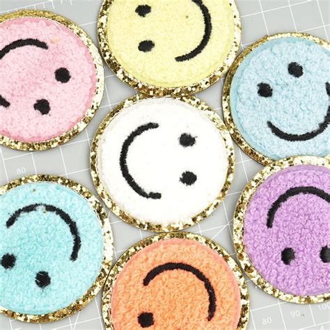 Chenille Smiley Face Patchglitter Smiley Face Patchemoji Etsy