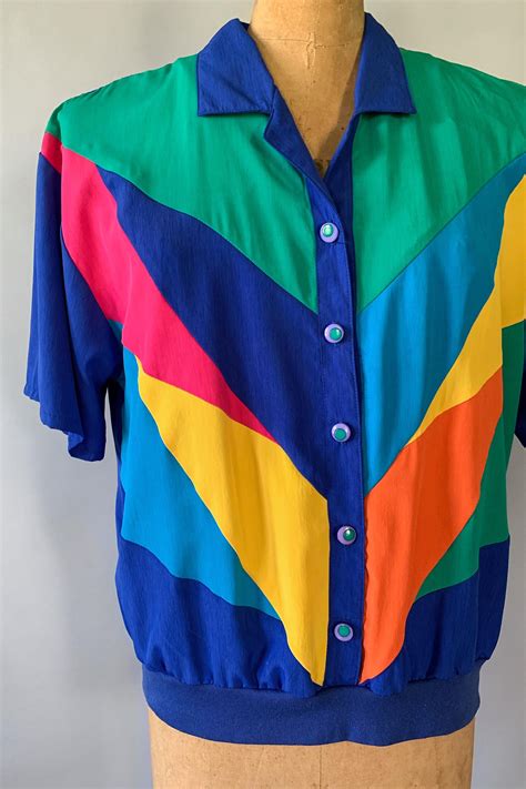 Vintage 1980s Rainbow Colorblock Oversized Shirt Large L