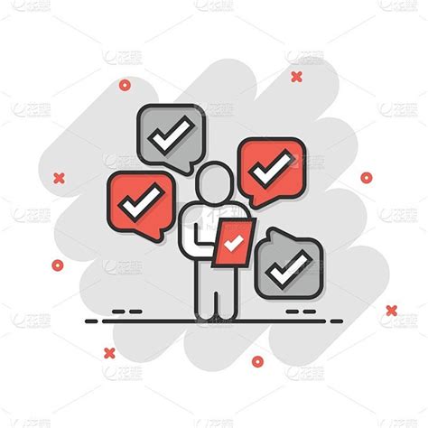 组织管理图标在漫画风格。人们与check Mark卡通矢量插图在白色孤立的背景。商人的经营理念飞溅效