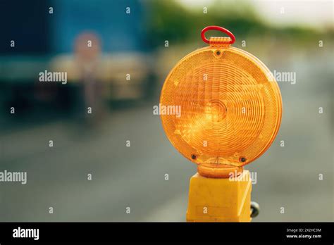 Traffic Beacon Warning Light During Road Maintenance Selective Focus