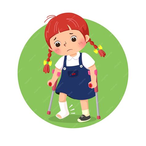 Niña Con Vendaje De Pierna Rota Yeso Caminar Con Muletas Vector Premium