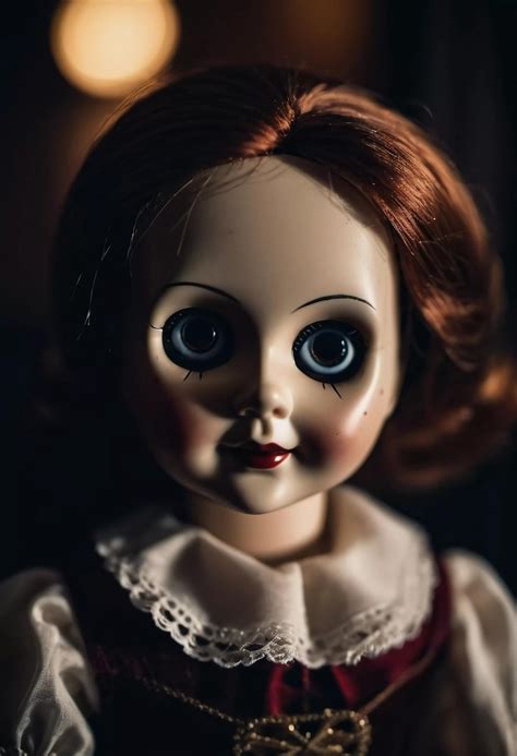 Unsettling Doll Featuring Dark Eyes And Red Hair Captures Attention In A Shadowy Environment