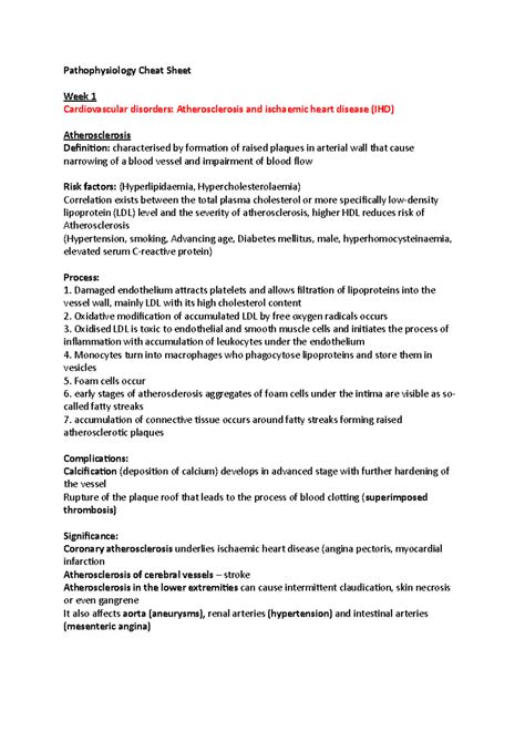 Pathophysiology Cheat Sheet Coronary Heart Disease Coronary Artery
