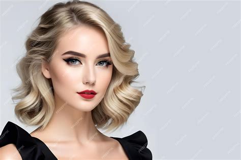 A Blonde Woman Makeup Short Hair Black Clothes White Background