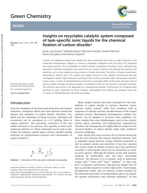Pdf Insights On Recyclable Catalytic System Composed Of Task Specific Ionic Liquids For The