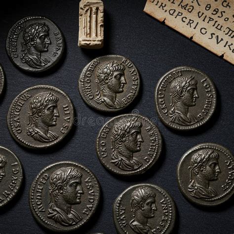 Ancient Roman Coins With Detailed Profiles Of Emperors Are Displayed