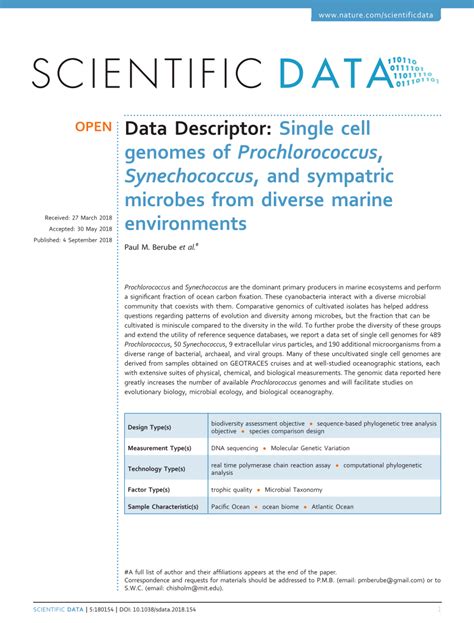 Pdf Single Cell Genomes Of Prochlorococcus Synechococcus And Sympatric Microbes From Diverse