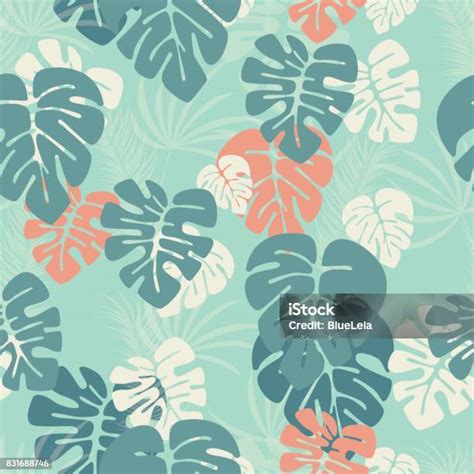 Monstera 종 려 잎 및 식물 블루 배경 벡터 일러스트 레이 션에 완벽 한 패턴 0명에 대한 스톡 벡터 아트 및 기타 이미지 0명 계절 꽃 식물 Istock