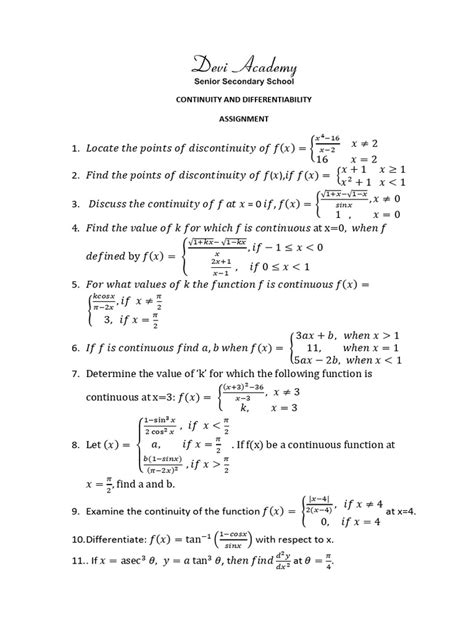 Continuity And Differentiability Xii Pdf