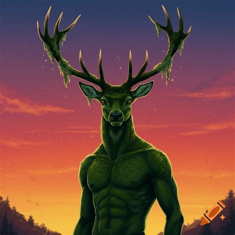 A Muscular Green Anthropomorphic Deer With Mossy Antlers Stands Against