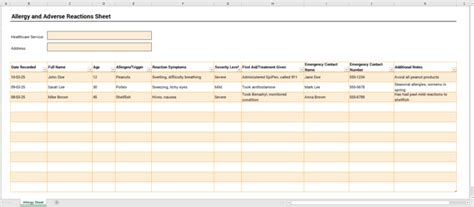Allergy And Adverse Reactions Sheet For Excel Download