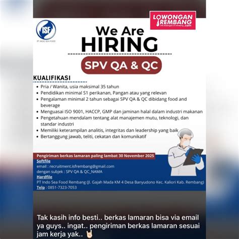 Lowongan Kerja Pegawai Spv Qa Dan Qc Pt Indo Sea Food Rembang