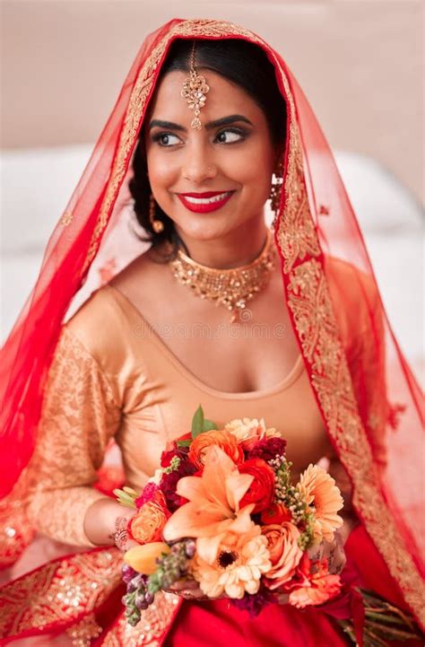 Indian Bride And Woman With Smile Flowers And Veil On Wedding Day For