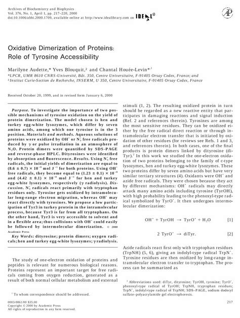 Pdf Oxidative Dimerization Of Proteins Role Of Tyrosine