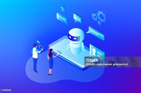 Ai 채팅 봇 기술 개념 로봇과 채팅하고 질문하고 답변을 받는 사람들 Ai 어시스턴트 지원 벡터 일러스트 레이 션 0명에 대한