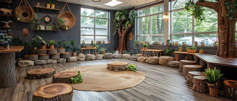 Forest Inspired Classroom With Tree Decals And Natural Materials Stock Image Image Of Material