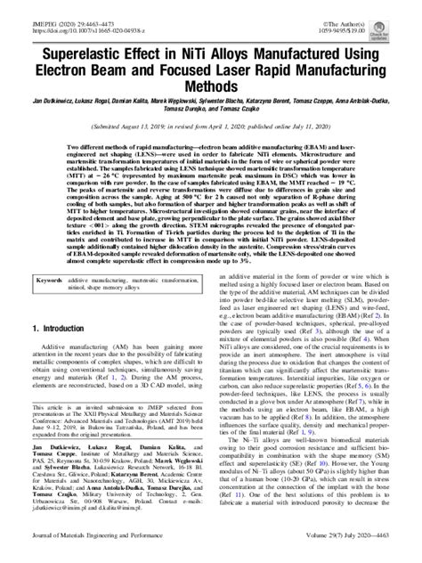 Pdf Superelastic Effect In Niti Alloys Manufactured Using Electron