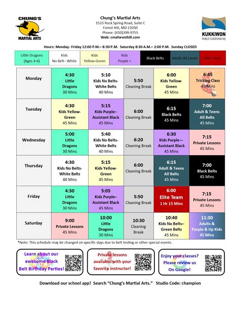 Spring Class Schedule Chungs Martial Arts