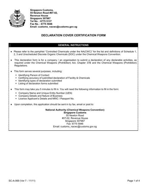 Declaration Cover Certification Form Singapore Customs