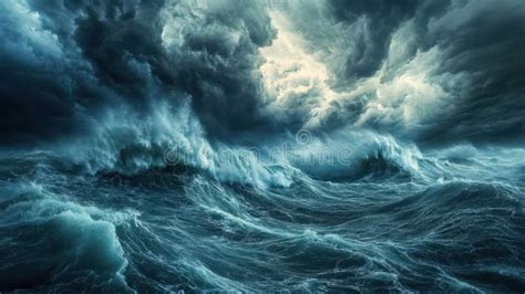 Raging Storm Over The Sea With Giant Waves And Dark Threatening Clouds