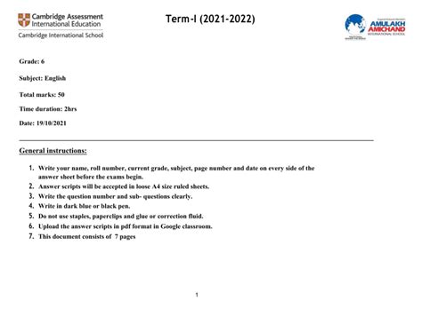 Grade 6 English Exam Reading Grammar And Writing