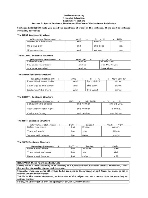 A01 Lecture 5 Special Sentence Structures The Case Of The Sentence Rejoinders Pdf Language