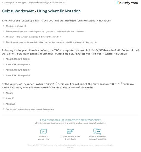 Quiz And Worksheet Using Scientific Notation