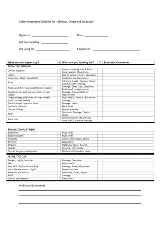 Safety Inspection Checklist For Bobcat Dingo And Excavator Pdf