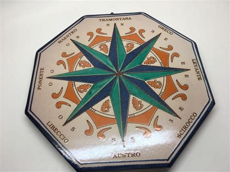 Vtg Handmade And Painted Compass Rose Art Pottery Wall Plaque Made In