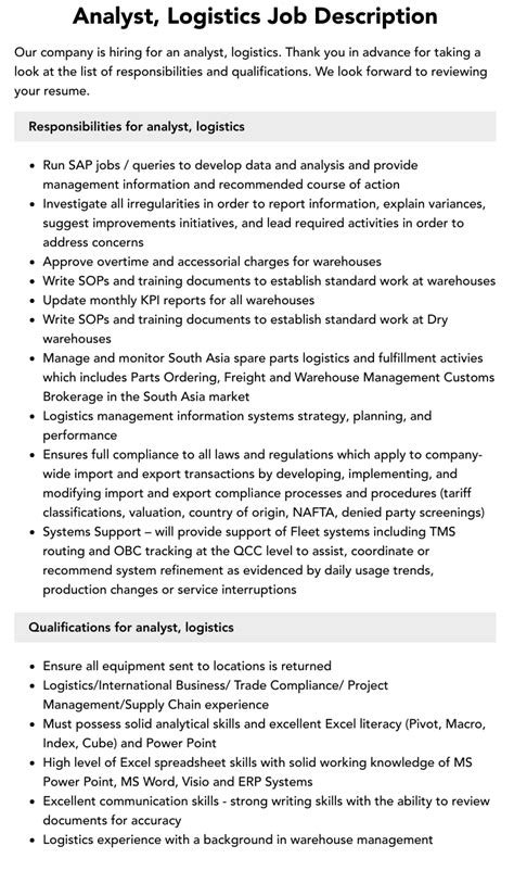 Analyst Logistics Job Description Velvet Jobs