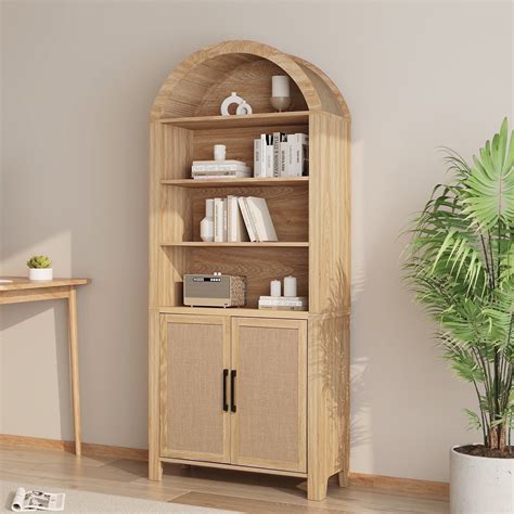 Lefhda 71 Tall Bookshelf Arched Bookcase With Doors Mid Century