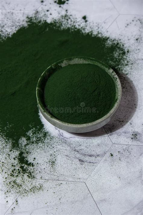 Blue Green Algae Chlorella And Spirulina Powder In Bowl Super Powder