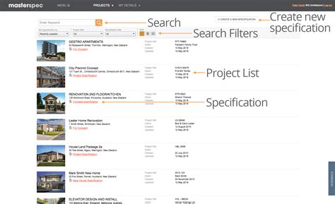 The Masterspec Projects Page Masterspec