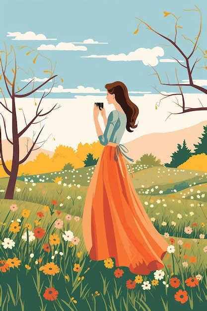 Premium Ai Image Vibrant Spring Scene A Girl In A Long Dress Holding