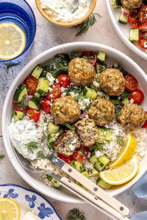 Greek Turkey Meatball Bowls With Tzatziki And Cucumber Salad Rachaels