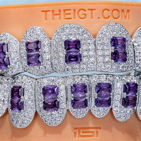 Pave Setting Diamond Grillz Radiant Cut Purple Sapphire Icegiant