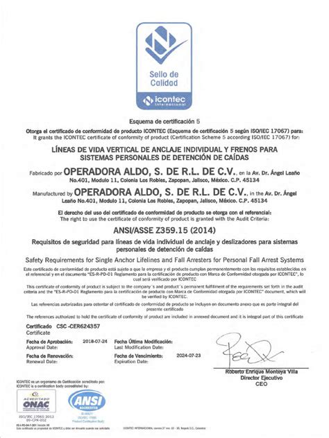 Certificado De Líneas De Vida Hawk Pdf