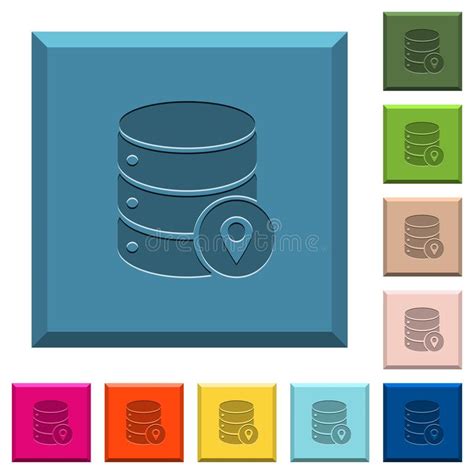 database location engraved icons on edged square buttons stock vector