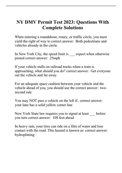 Ny Dmv Permit Test 2023 Questions With Complete Solutions Nyc Dmv