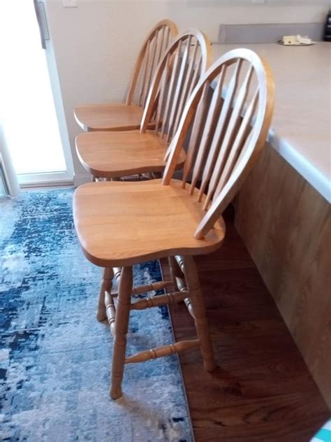 3 Solid Oak Swivel Bar Stools