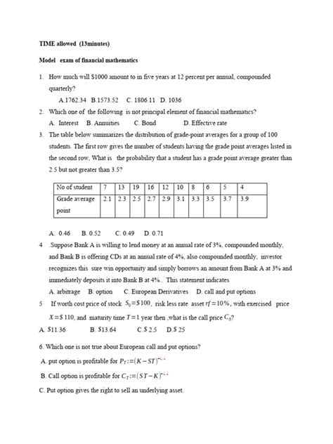 Model Final Exam Pdf Option Finance Private Sector