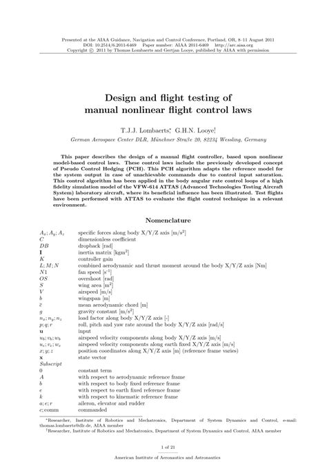 Pdf Design And Flight Testing Of Manual Nonlinear Flight Control Laws