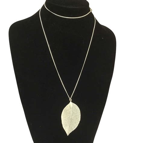 Silver Tone Leaf Necklace Long Chain