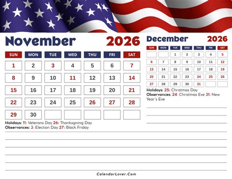 November 2026 Calendar With Holidays United States